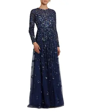 Mac Duggal Embellished High Neck Long Sleeve A-line Gown - Navy