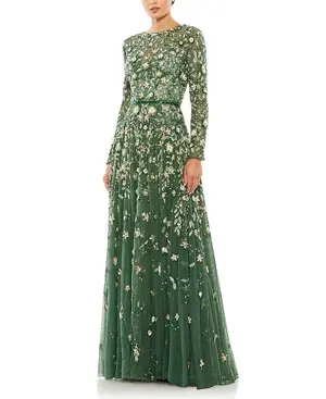 Mac Duggal Embellished High Neck Long Sleeve A-line Gown - Sage