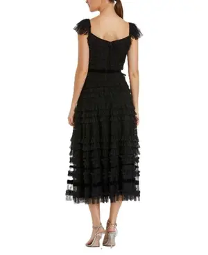 Mac Duggal Ruffle Cap-sleeve Tiered Midi Dress - Black