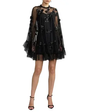 Mac Duggal Embellished Long Sleeve A-line Mini Dress - Black