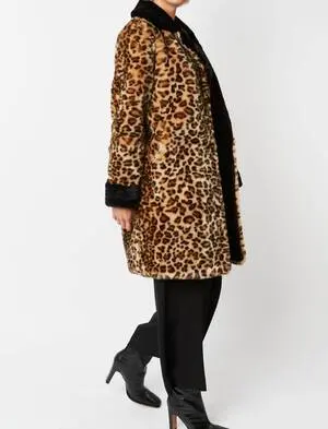 JAYLEY Faux Leopard Midi Coat In Leopard Print - Brown