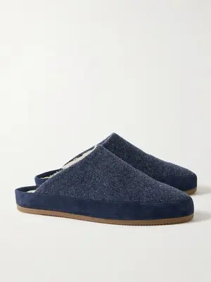 Mulo Suede-trimmed Shearling-lined Wool Slippers - Blue