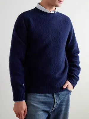 DRAKE'S Brushed Shetland Wool Sweater - Blue