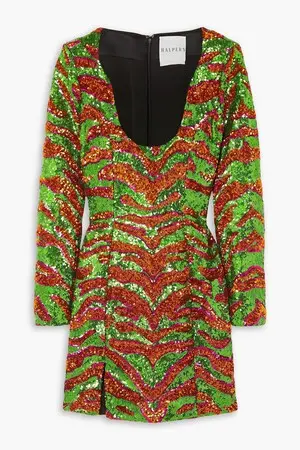 Halpern Halpern Sequined Zebra-Print Tulle Mini Dress - Green