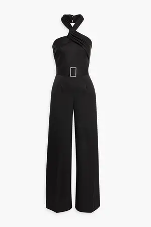 Halston Kani Crystal-embellished Satin-crepe Jumpsuit - Black