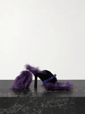 Burberry Faux Fur-trimmed Leather And Velvet Mules - Purple