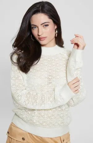 Guess Kensley Open Stitch Mock Neck Pullover - Cream White