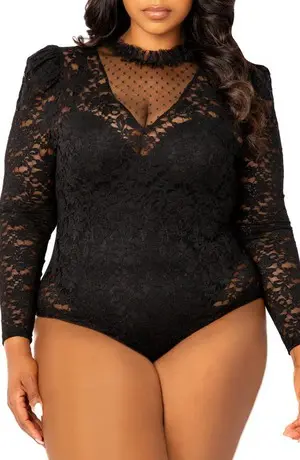 BUXOM COUTURE Sheer Stretch Lace Long Sleeve Bodysuit - Black