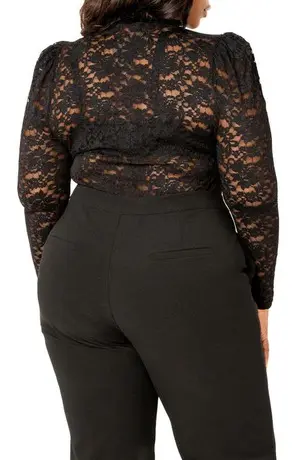BUXOM COUTURE Sheer Stretch Lace Long Sleeve Bodysuit - Black