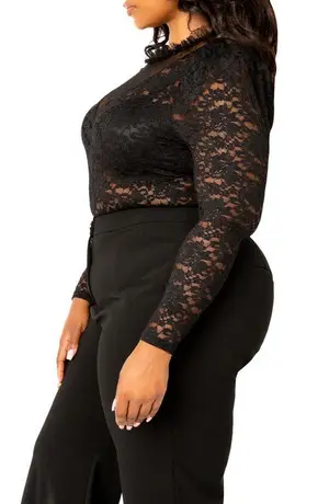 BUXOM COUTURE Sheer Stretch Lace Long Sleeve Bodysuit - Black