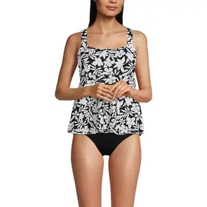 LANDS' END Adjustable Scoop Neck Tankini Top Black Havana Floral