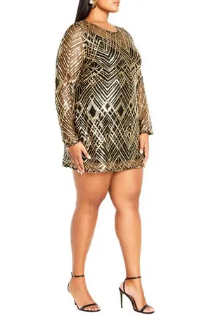 City Chic Braylin Long Sleeve Sequin Mini Dress - Gold Geo