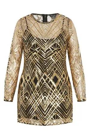 City Chic Braylin Long Sleeve Sequin Mini Dress - Gold Geo