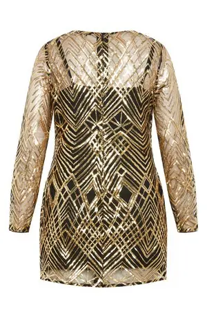 City Chic Braylin Long Sleeve Sequin Mini Dress - Gold Geo