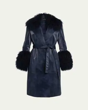 Kobi Halperin Crinkled Coat With Shearling Trim - Navy