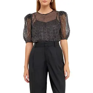 Endless Rose Sequin Grid Mesh Top - Black