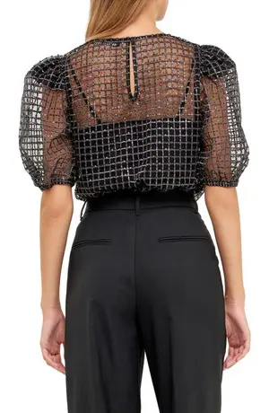 Endless Rose Sequin Grid Mesh Top - Black