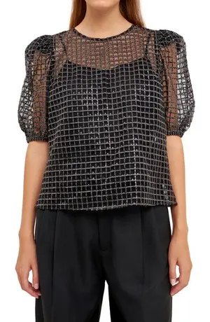 Endless Rose Sequin Grid Mesh Top - Black