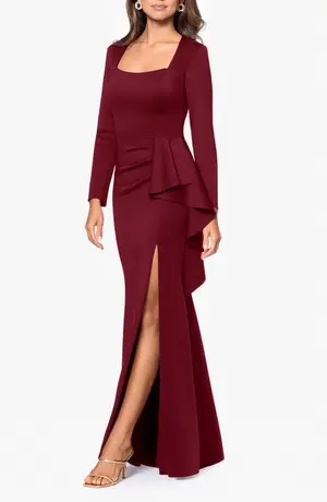 XSCAPE EVENINGS Side Ruffle Long Sleeve Scuba Knit Gown