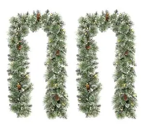 GLITZHOME 6' Pre-lit Frosted Greenery Christmas Garland S/2 - One-color