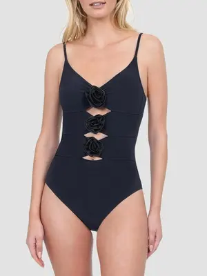 GOTTEX Rose Bud V-neck Lingerie Cut-out One-piece Swimsuit - Black