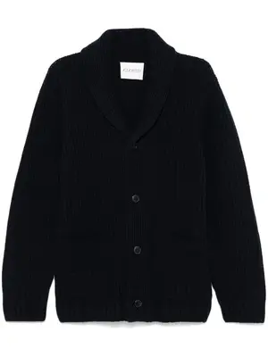 Closed Ribbed-knit Shawl-collar Cardigan - Blue