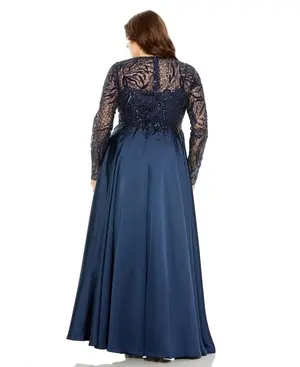 Mac Duggal Sheer Long Sleeve Beaded Gown