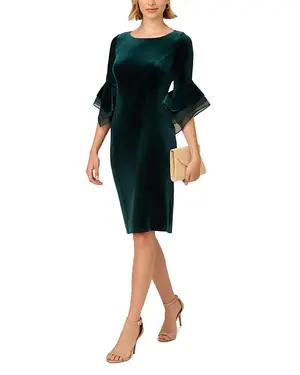 Adrianna Papell Velvet Bell Sleeve Dress - Hunter