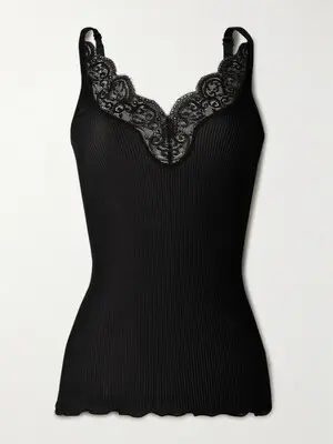 Saint Laurent Lace-trimmed Ribbed Silk-jersey Tank Top - Black