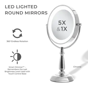 ZADRO Lighted Makeup Mirror With 5x/1x Magnification & Touch Base Controls - Chrome