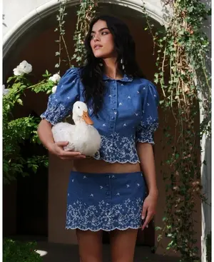 Avec Les Filles Chambray Embroidered Top