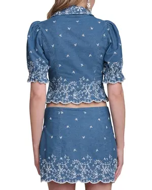 Avec Les Filles Chambray Embroidered Top