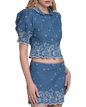 Avec Les Filles Chambray Embroidered Top