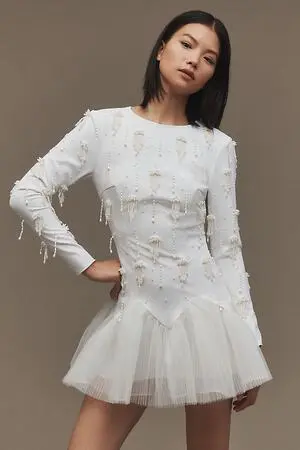 bhldn pearl-embellished long-sleeve drop-waist mini dress Anthropologie | Dresses | Bridal Mini Bhldn Pearlembellished Longsleeve  Dropwaist Mini Dress