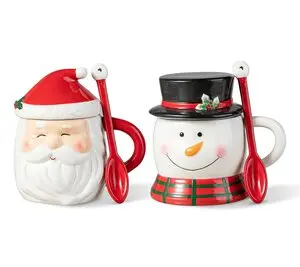 GLITZHOME Christmas Santa & Snowman Mug W Lids Spoons S/2 - One-color