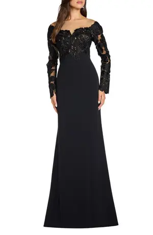 Tadashi Shoji Floral Lace Bodice Long Sleeve Gown - Black/nude