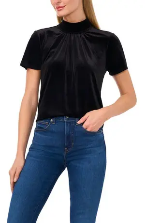 CECE DUPRAZ Mock Neck Cutout Velvet Top - Rich Black