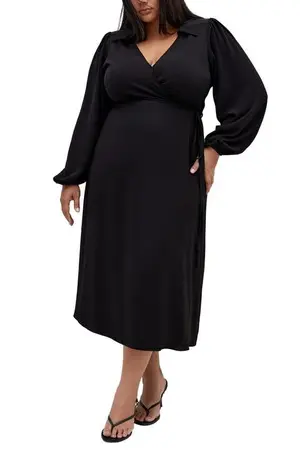 City Chic Arizona Long Sleeve Wrap Dress - Black