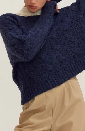 CRESCENT Cable Knit Crew Neck Sweater - Navy