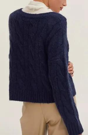 CRESCENT Cable Knit Crew Neck Sweater - Navy