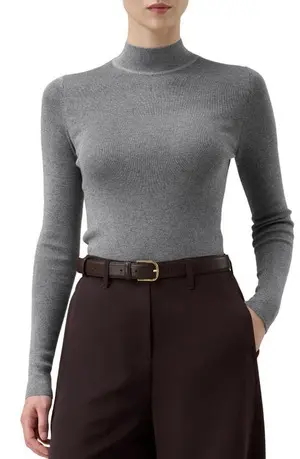 Lilysilk Essential Cashmere Blend Ribbed Mock Neck Top - Medium Gray