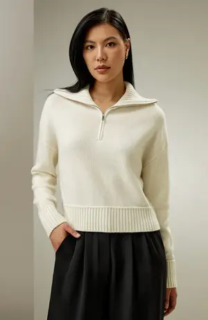Lilysilk Relaxed Fit Wool-cashmere Blend Sweater With Lapel Collar And Zip-up - White