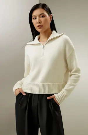 Lilysilk Relaxed Fit Wool-cashmere Blend Sweater With Lapel Collar And Zip-up - White