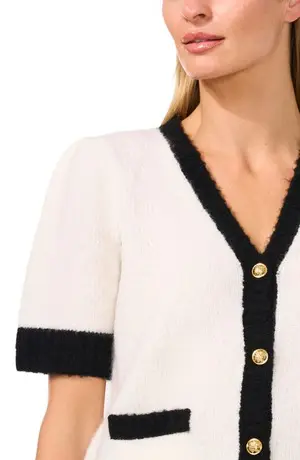 CECE DUPRAZ Contrast Trim Short Sleeve Cardigan - Antique Ivory White