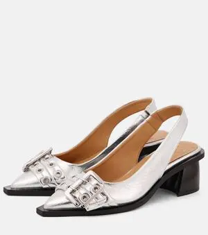 GANNI Faux Leather Slingback Pumps - Silver