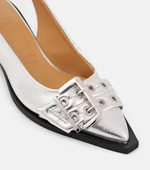 GANNI Faux Leather Slingback Pumps - Silver