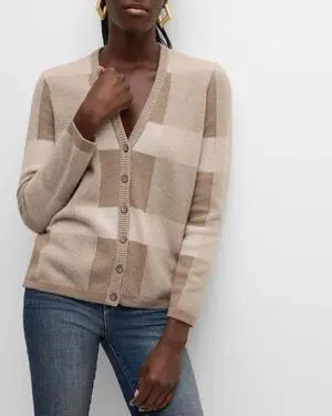 Emporio Armani Wool-cashmere Check Cardigan - Solid Medium Beige