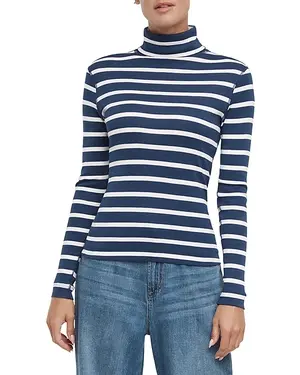 Three Dots Striped Turtleneck Long Sleeve Tee - Medieval Blue