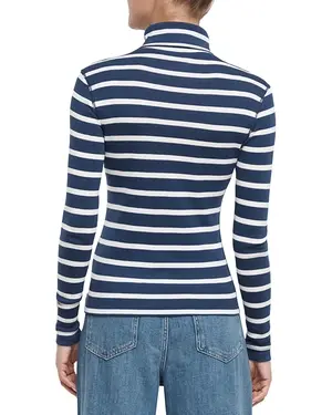 Three Dots Striped Turtleneck Long Sleeve Tee - Medieval Blue