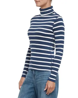 Three Dots Striped Turtleneck Long Sleeve Tee - Medieval Blue